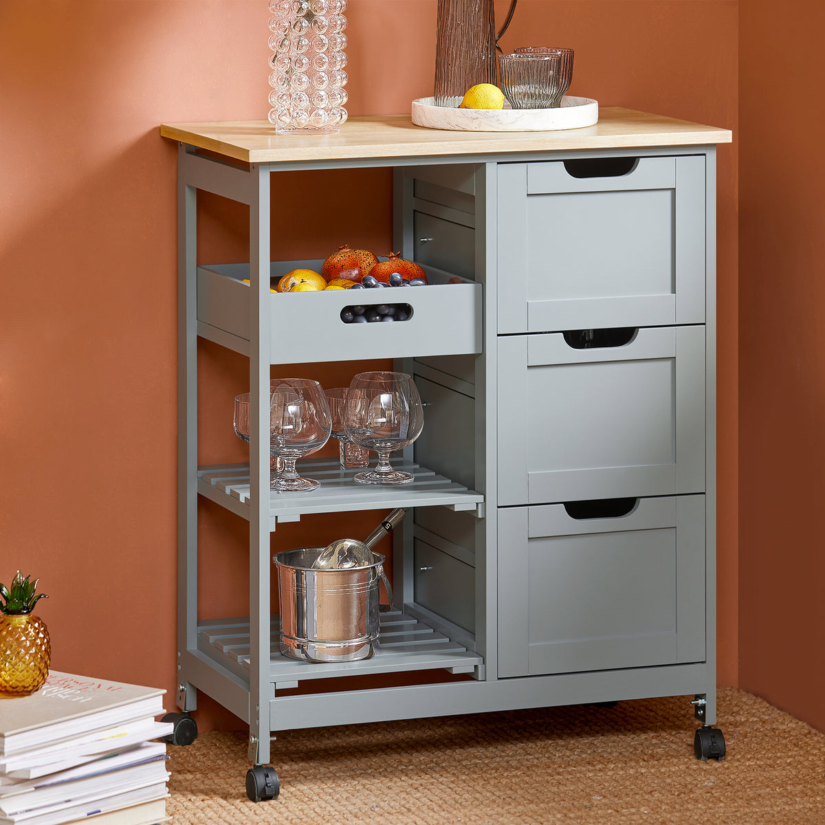SoBuy Trolley med 3 skuffer, opbevaringsskabe, Kitchen Island på hjul ...